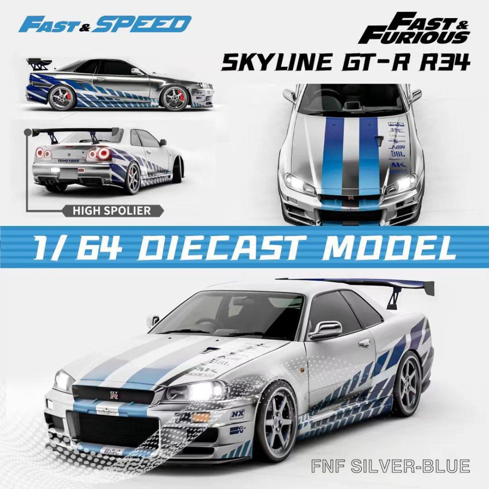 Fast Speed 1/64 Scale Skyline GT-R R34 Z-Tune FNF Silver Blue Livery ...