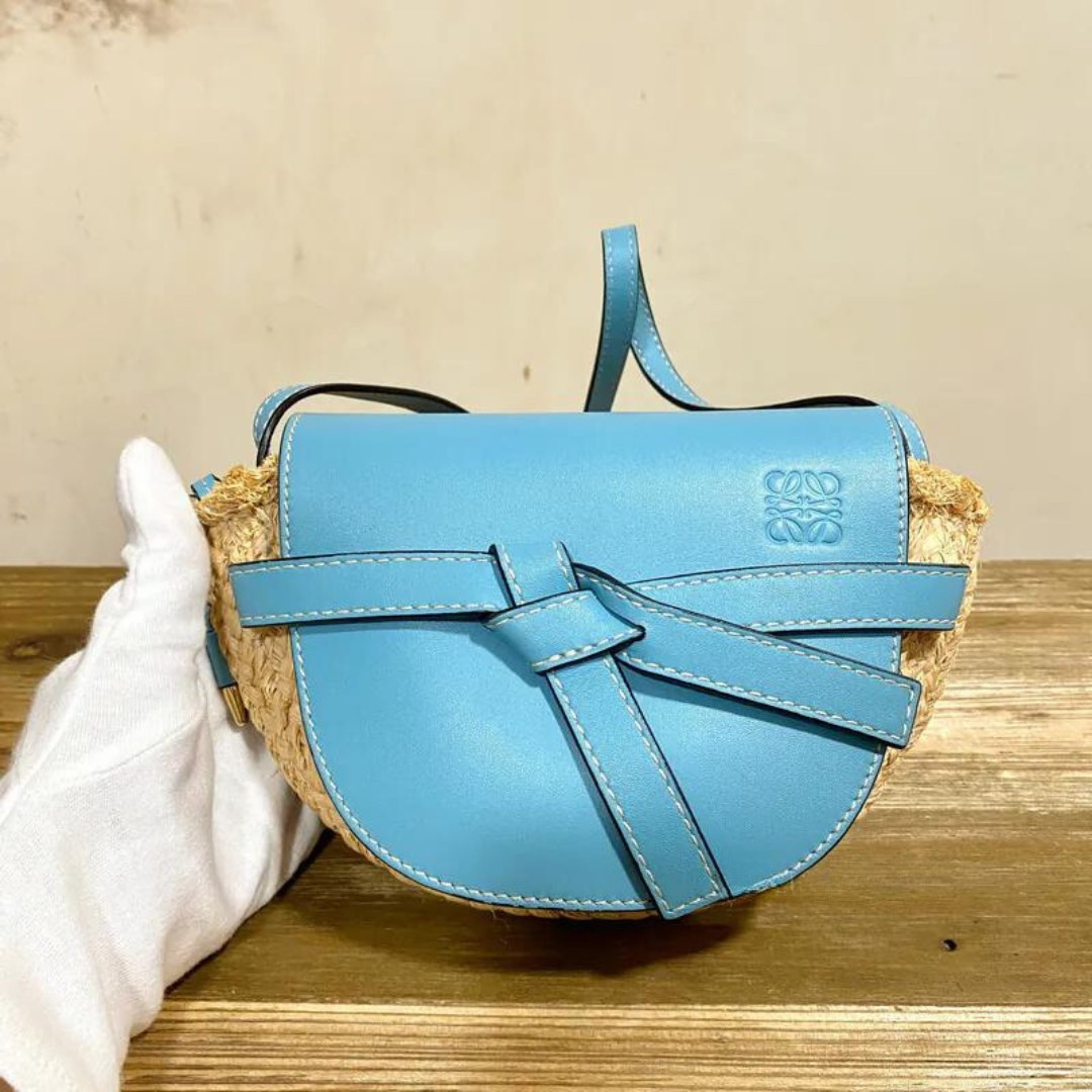 Loewe Gate Mini Leather and Raffia Ribbon Curved Flap Bag Blue Pre ...