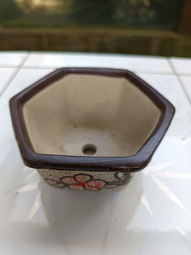 Pot Tanaman Hias Bonsai Keramik Segi Enam Motif Bunga, Perkebunan di ...