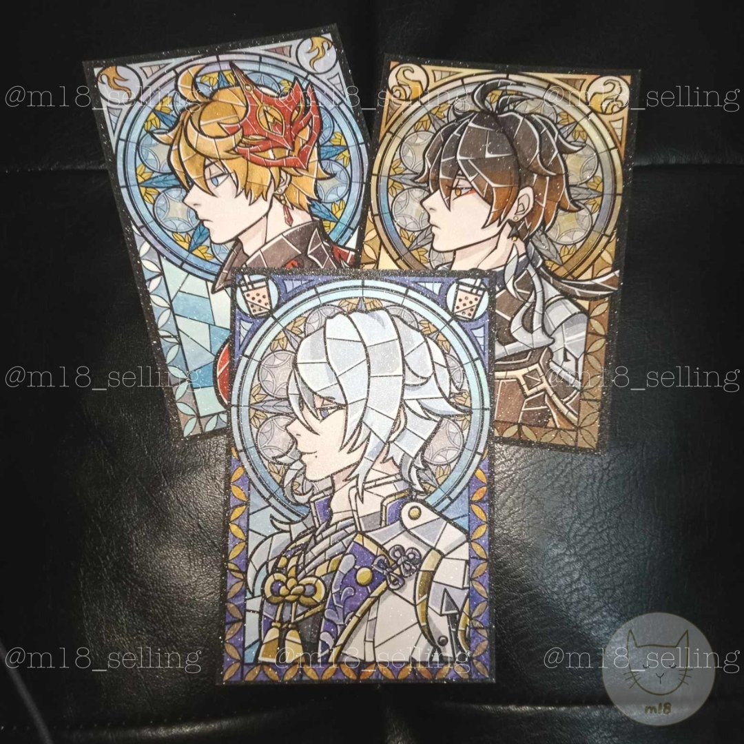 GENSHIN FMG POSTCARDS - STAINED GLASS WINDOW SET (childe zongli ayato ...