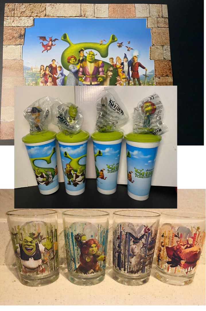 Shrek movie memorabilia 4 McDonald’s glasses , 4 topper bobblehead with ...