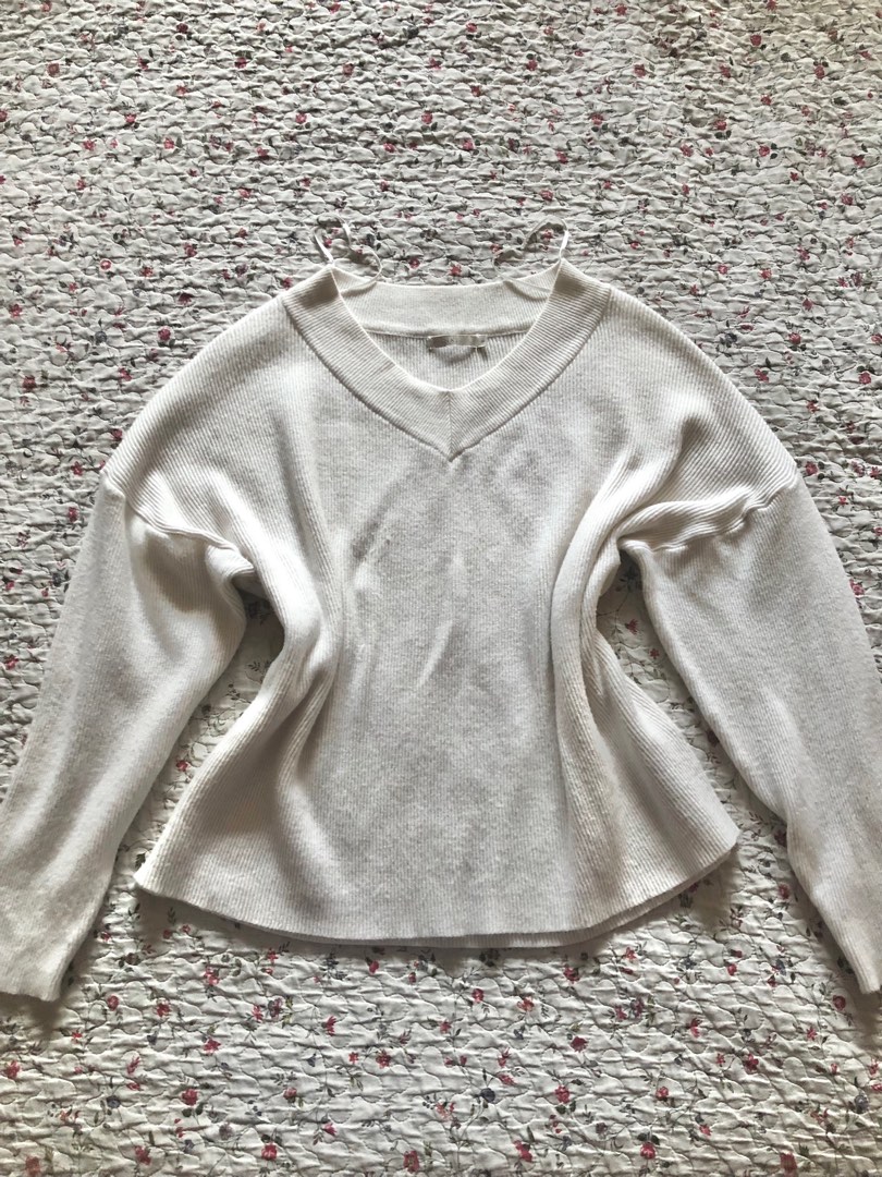 simple y2k acubi v neck off shoulder baggy ribbed white sweater long ...