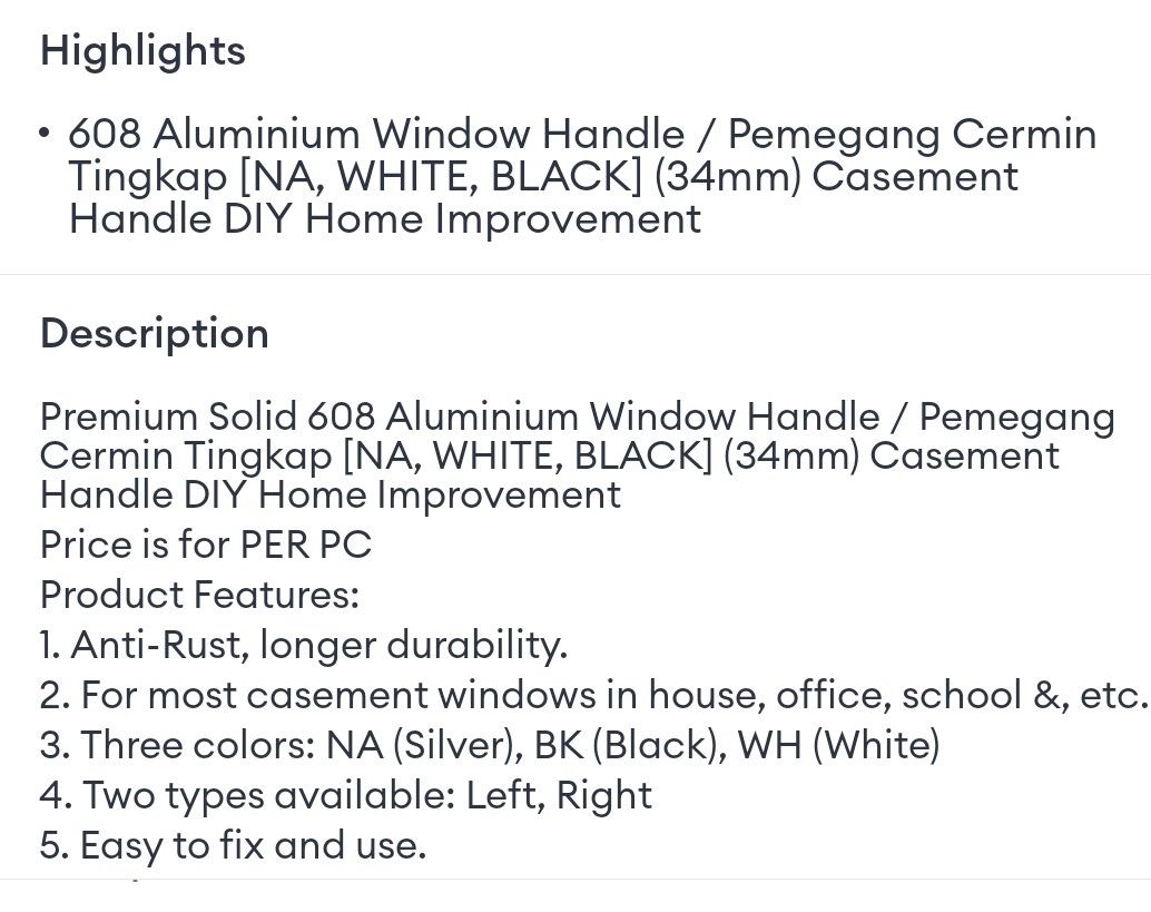 Aluminium window handle sliver 34cm, Furniture & Home Living, Security ...