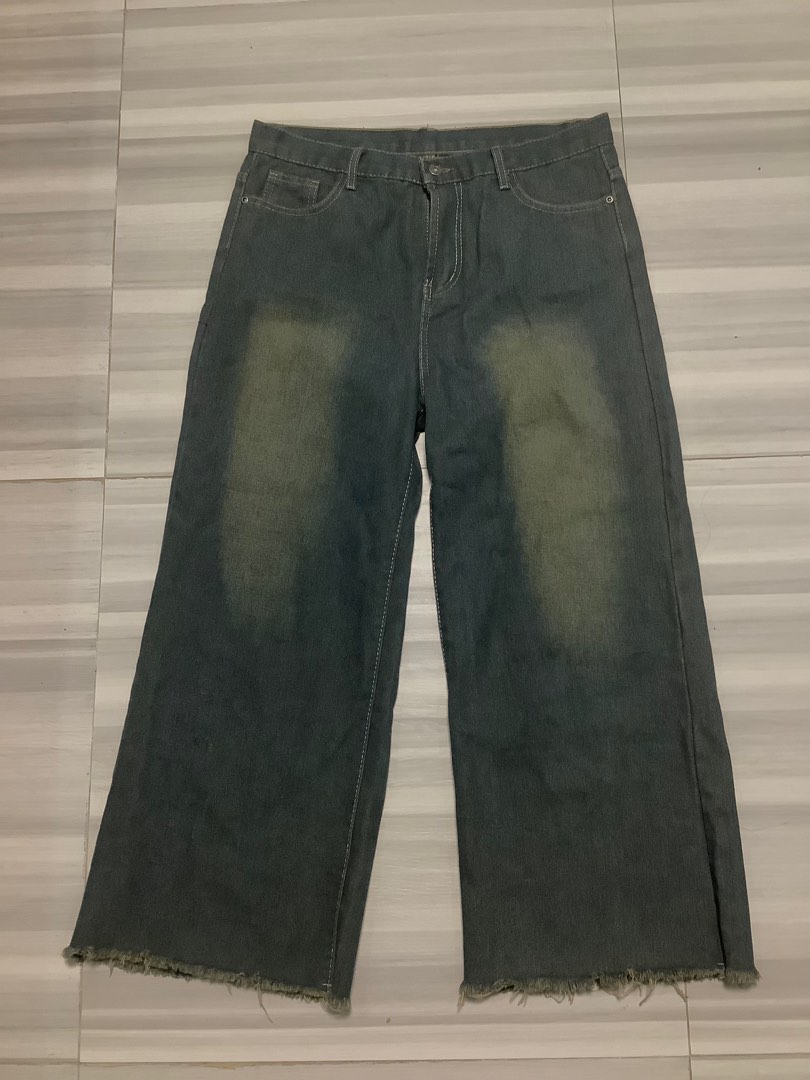 Vintage wash gradient color baggy wide leg jeans denim pants, Men's ...