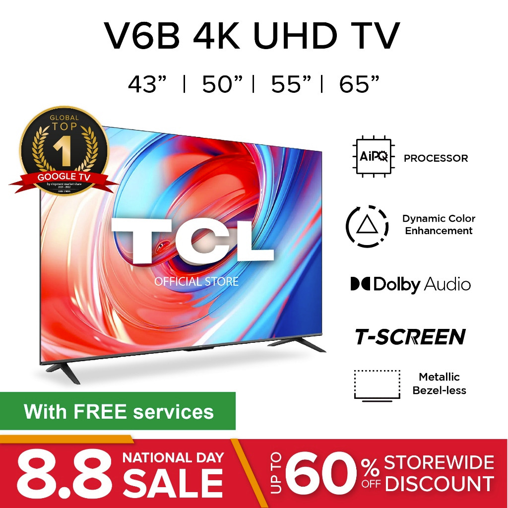 【5 Years Warranty】TCL V6B Google TV | 43 50 55 65 inch | 4K Smart TV |HDR 10 | Dolby Audio |HDMI ...
