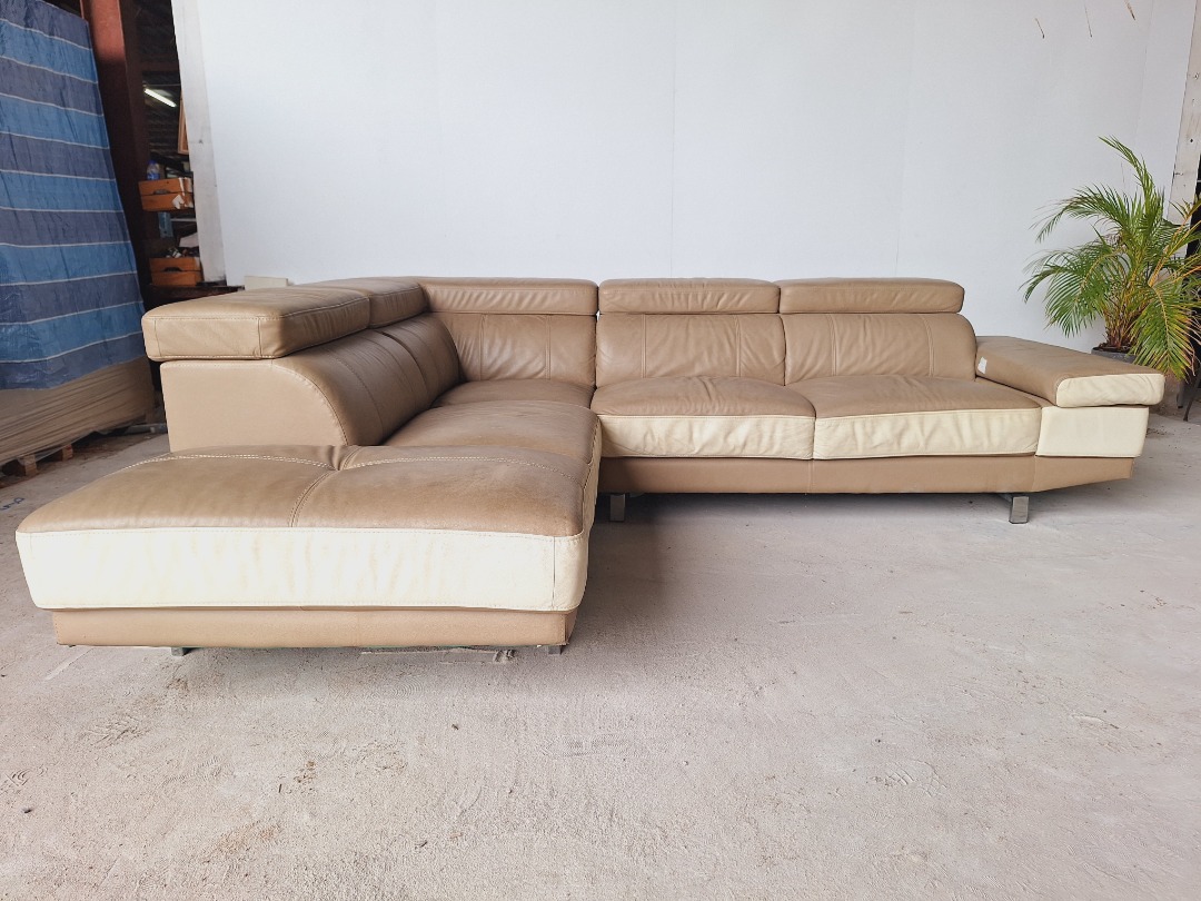 Adjustable Headrest Beige and Cream Leather 7-seater L-sectional Sofa ...