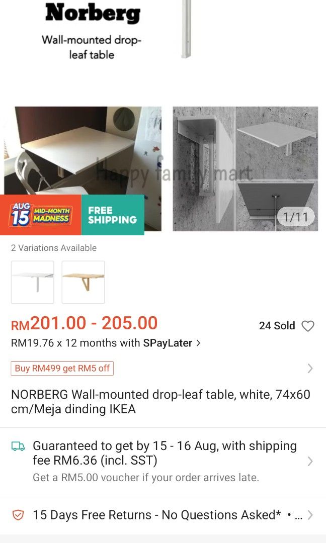 IKEA Norberg wall mounted drop leaf table, Furniture & Home Living ...