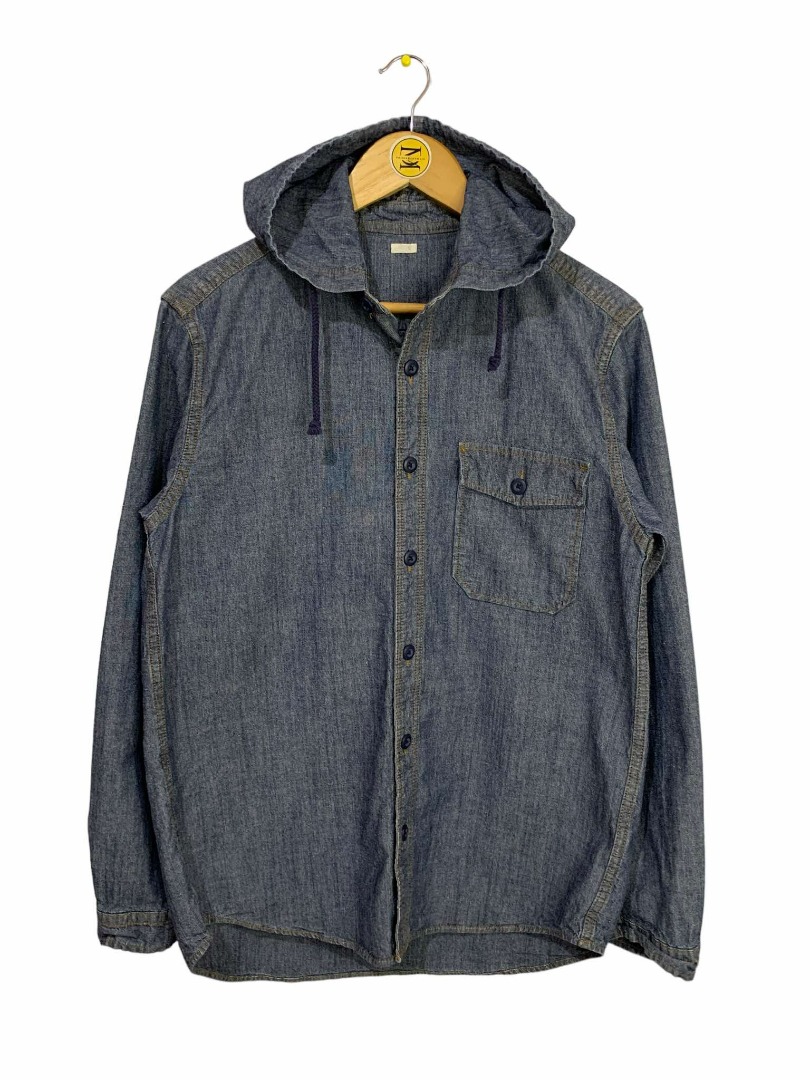 GU MEN'S DENIM HOODED LONG SLEEVED SHIRT, Men's Fashion, Coats, Jackets and Outerwear on Carousell