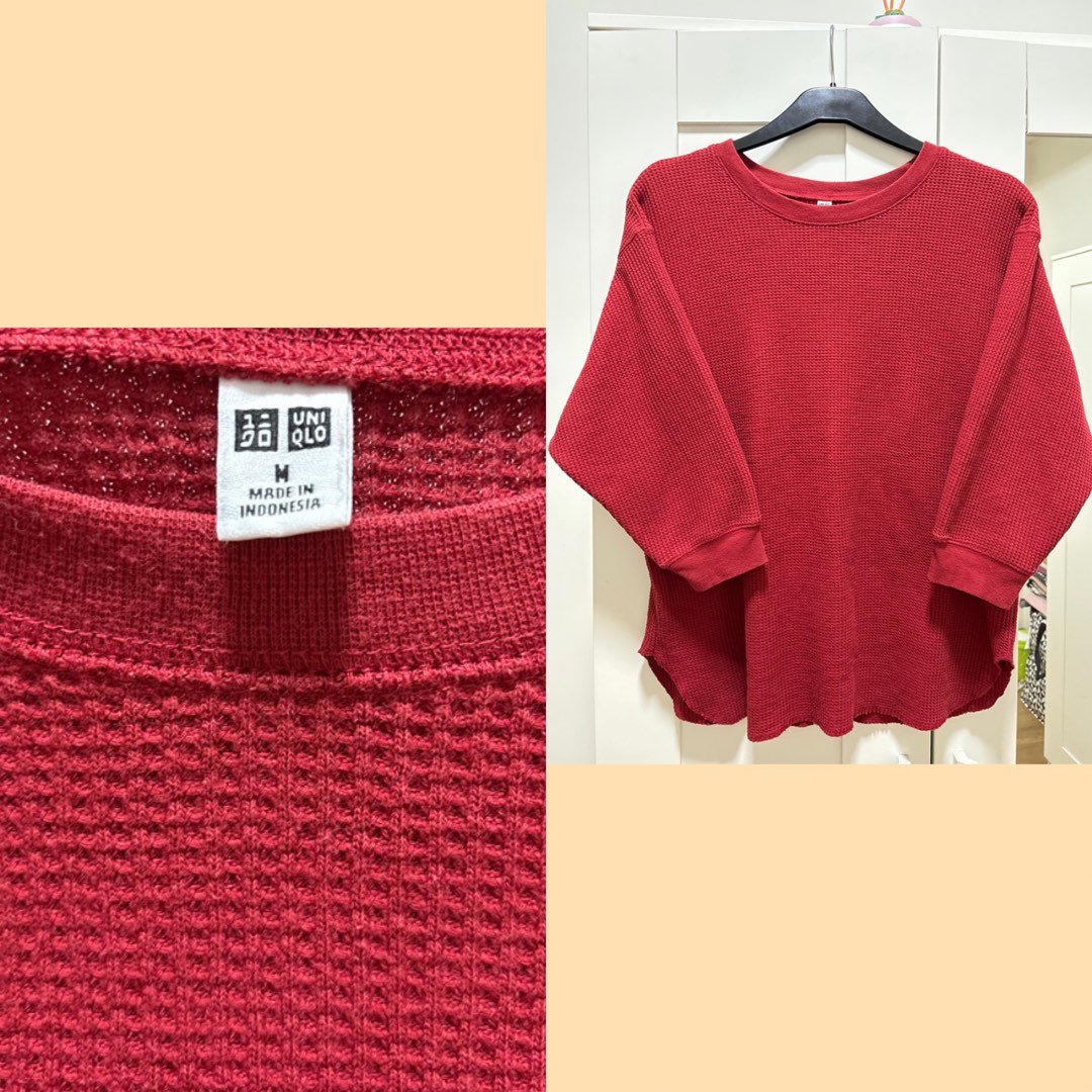 BUY 1 FREE 1 ️ Uniqlo red waffle shirt blouse 3/4 sleeves curve bawah ...