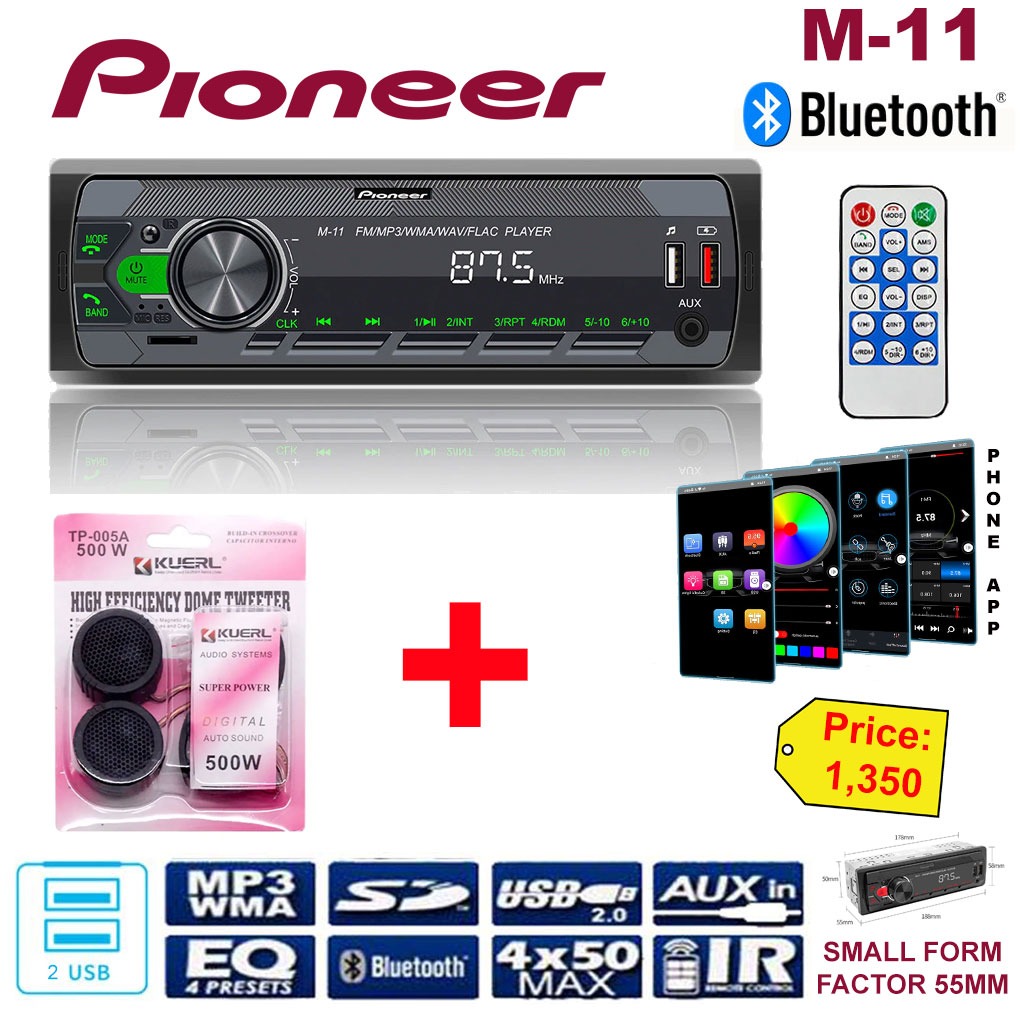 Pioneer M-11 1DIN Car Stereo with Kuerl Tweeters package USB BT FM SD ...