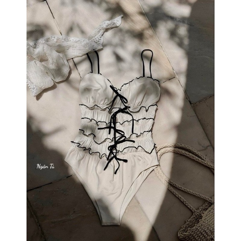 Ruffled with Ribbons One Piece Swimsuit, Women's Fashion, Swimwear ...