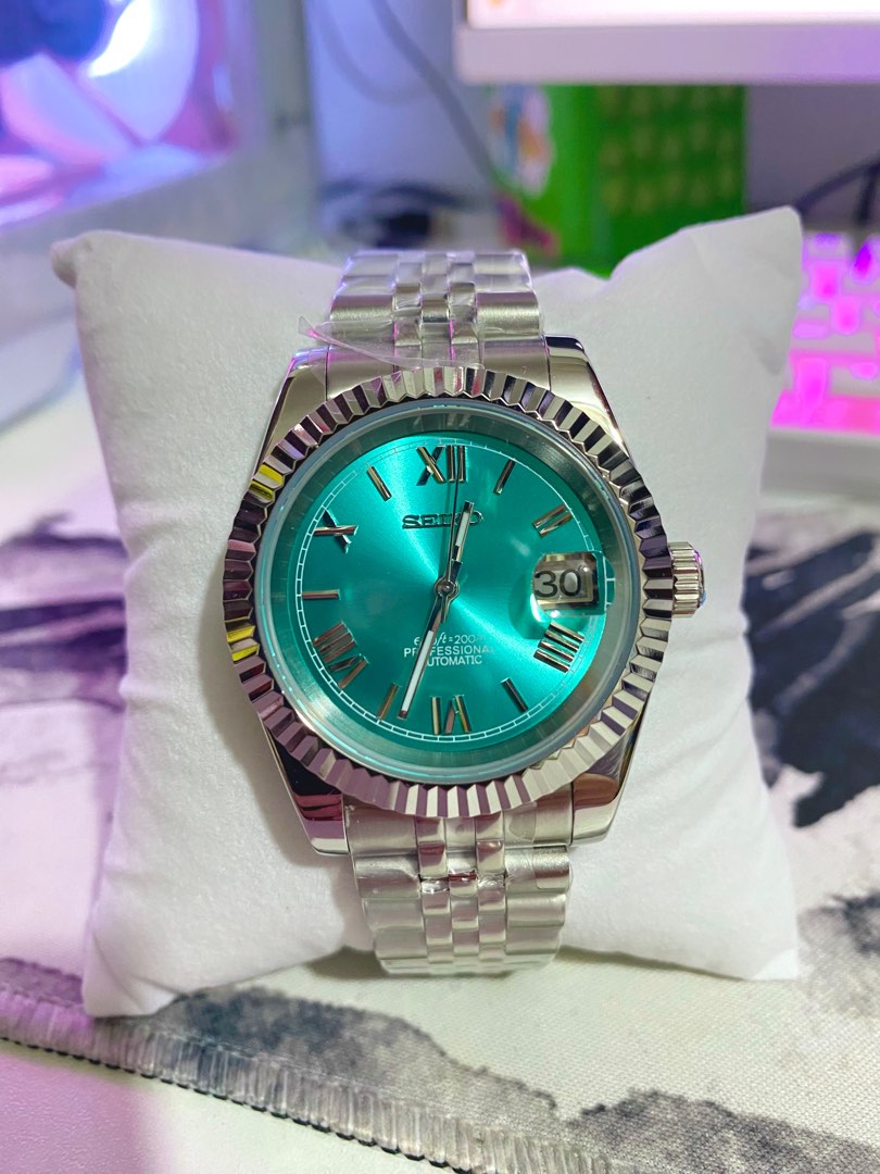 Seiko Mod Date Just Roman Tiffany Blue Dial, Luxury, Watches on Carousell