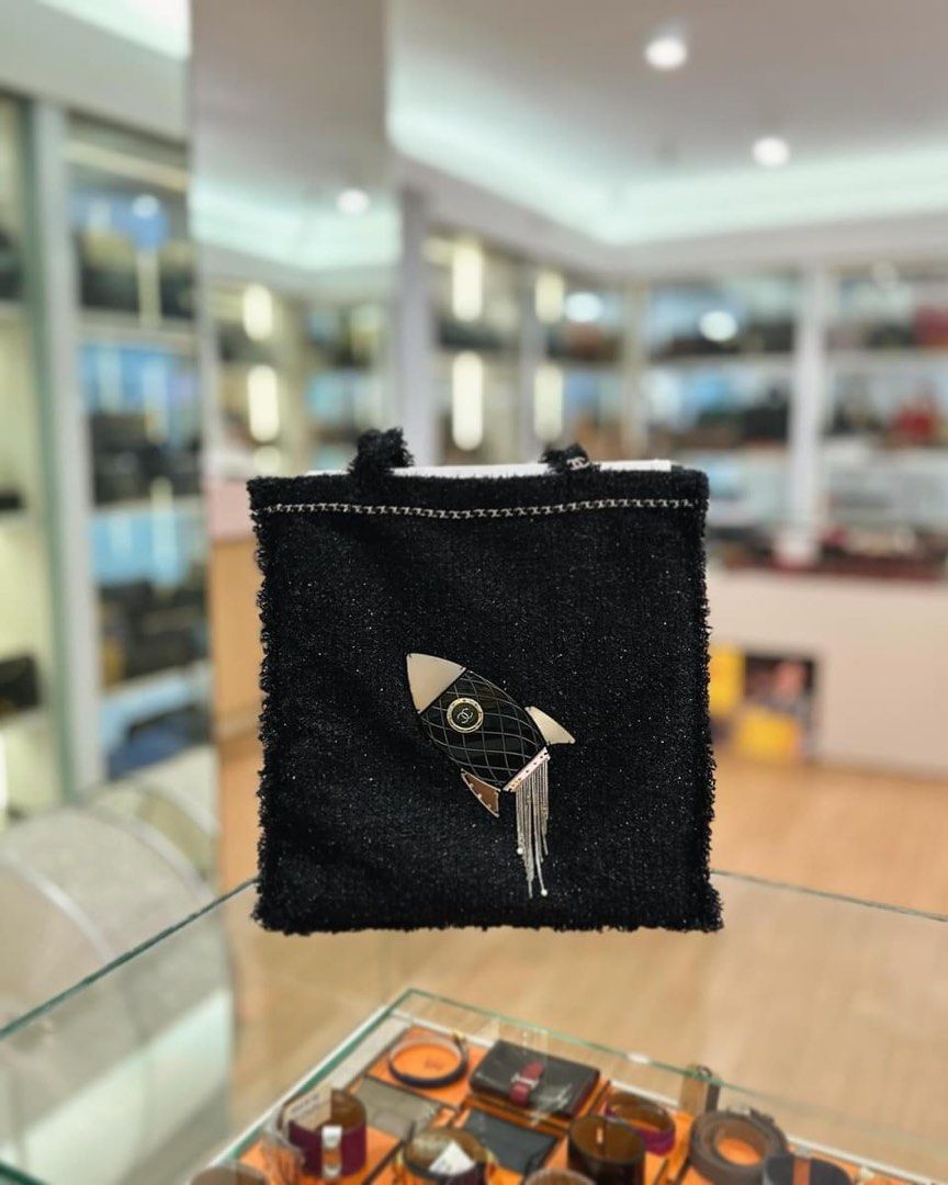 Chanel Black Tweed Resin Rocket Shoulder Flat Shopper Tote SHW, Luxury ...