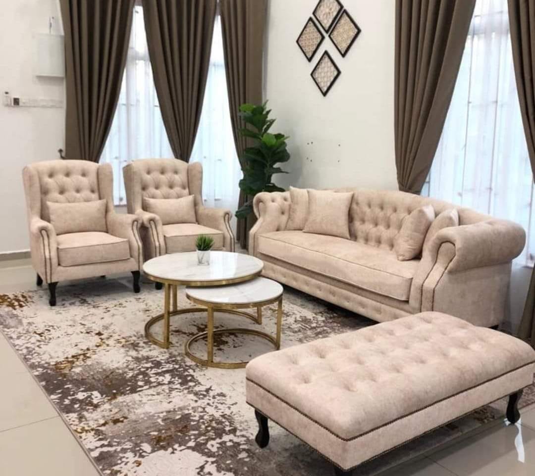 Chesterfield Sofa High Class Velvet Sofa 3 Seater + 2 Wing Chairs + 1 ...