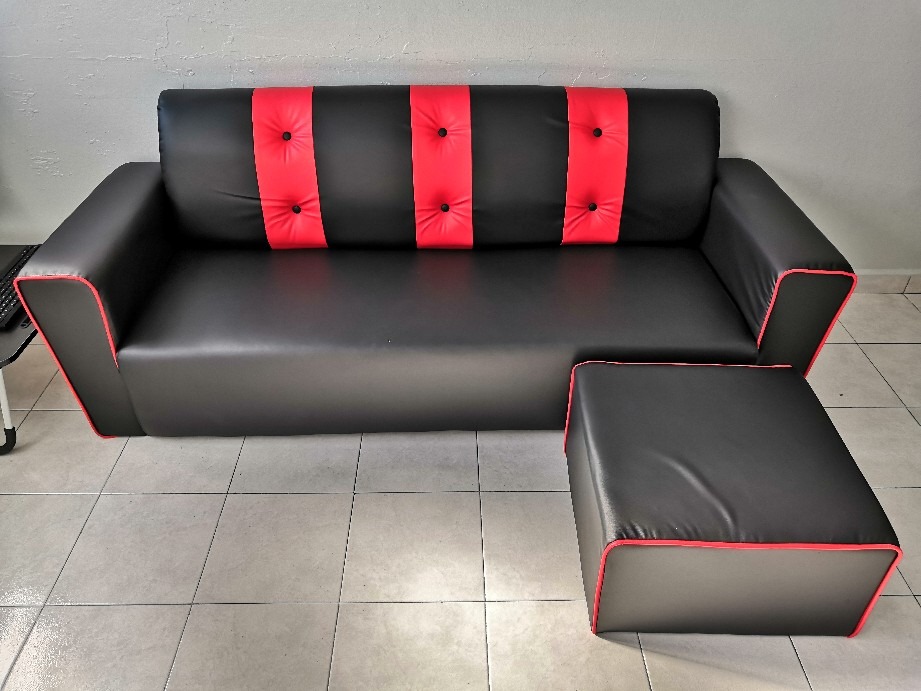 PVC Sofa 3 Seater Red Sofa L Shape Sofa Free 1 Stool, Furniture & Home ...