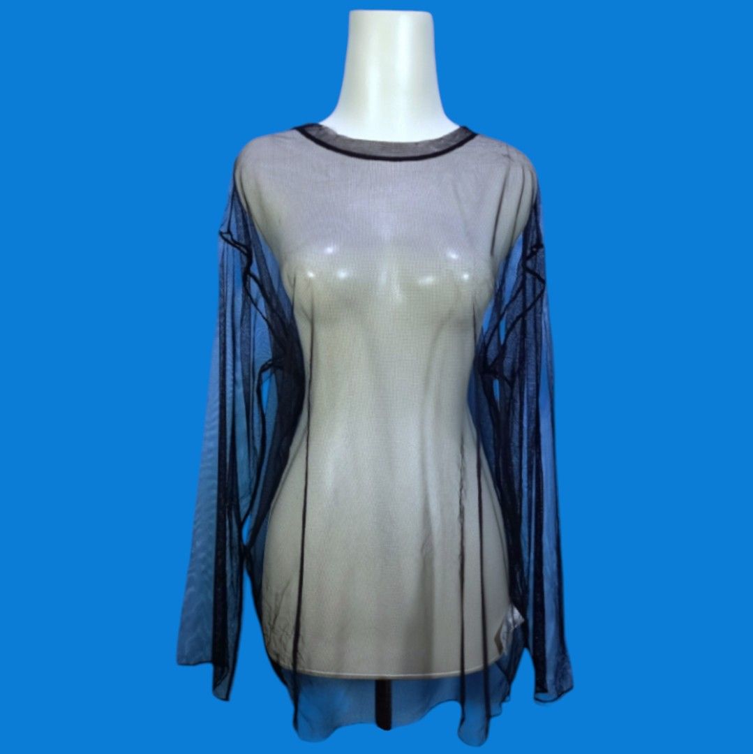 WEGO Black Mesh Sheer Long Sleeve Transparent Top, Fesyen Wanita, Pakaian Wanita, Atasan di ...