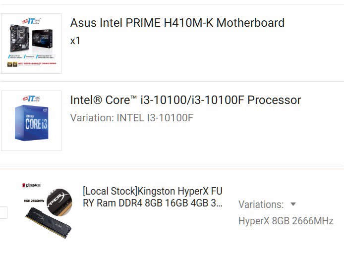 [COMBO] Intel i3-10100F + MOBO + Kingston HyperX 16GB DDR4 RAM (8GB x 2 ...