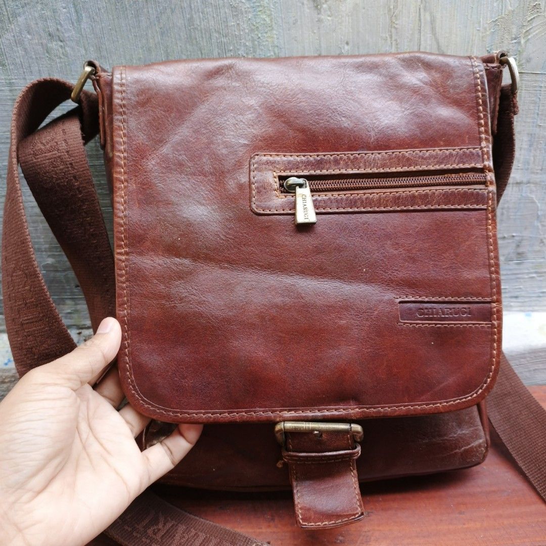 CHIARUGI FLORENCE 1969 vintage postman sling bag/kulit B2/TAN/medium ...