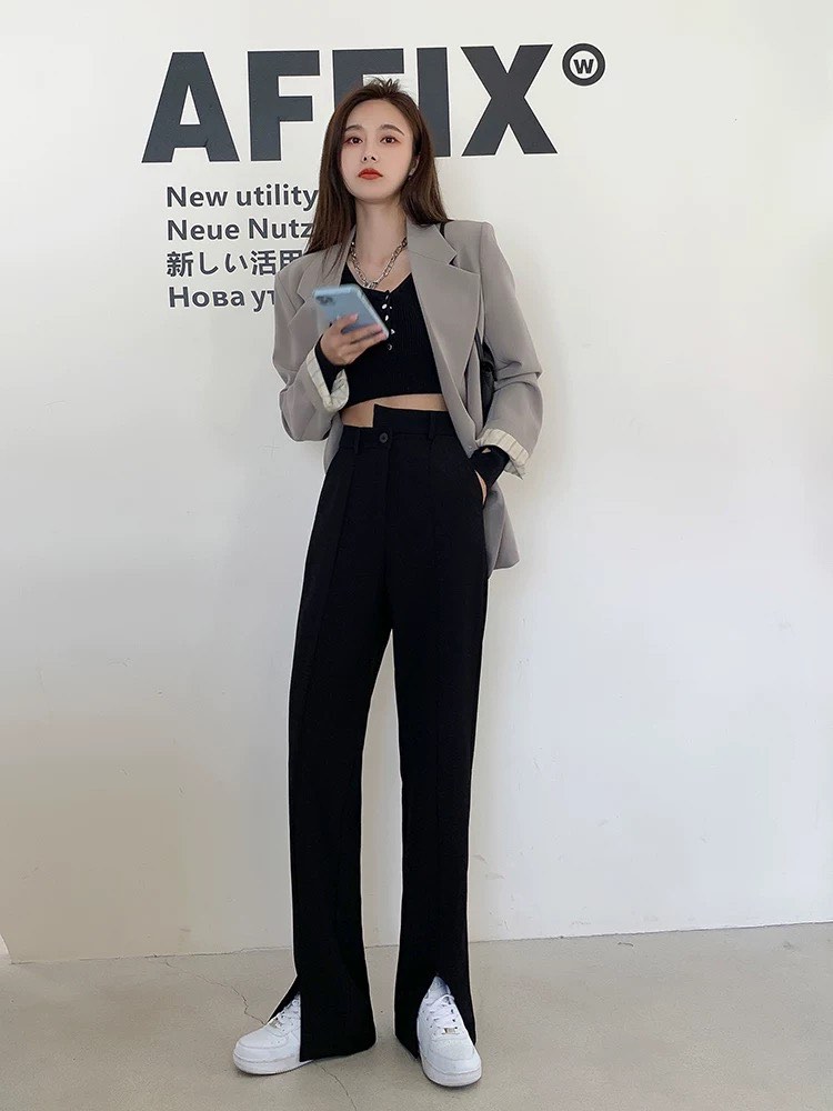 High Uneven Waist Straight Cut Women Slack, Women's Fashion, Bottoms ...