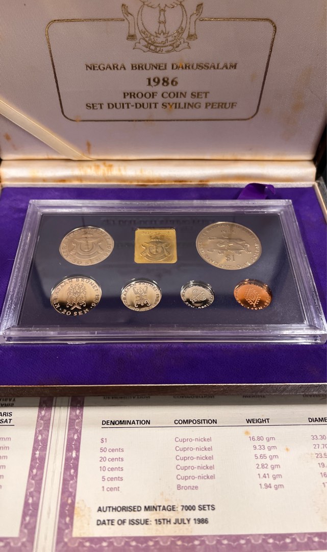 1986 Brunei Coin Set (1-Cent to $1) c/w Outer/Inner Box & Certificate ...