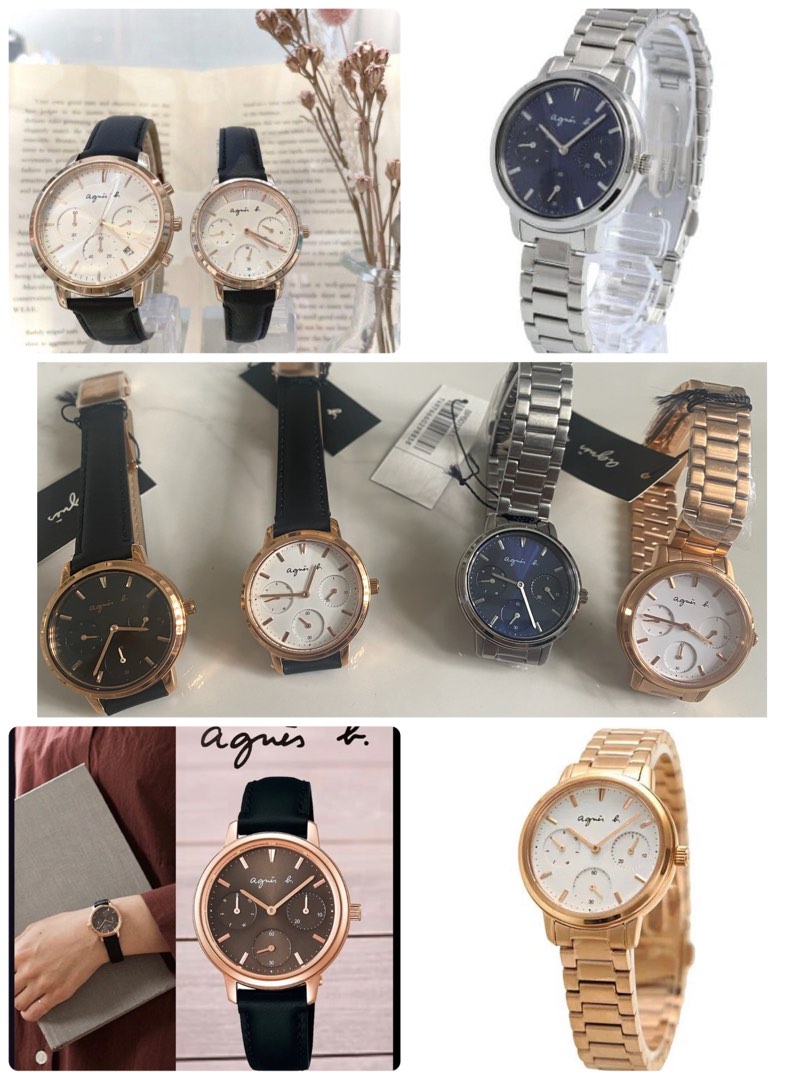 全新 正貨 agnès b. Agnes b women watch 女裝三眼圈皮帶 鋼帶手錶 38mm（精工 seiko ）黑金 白金 金色 ...