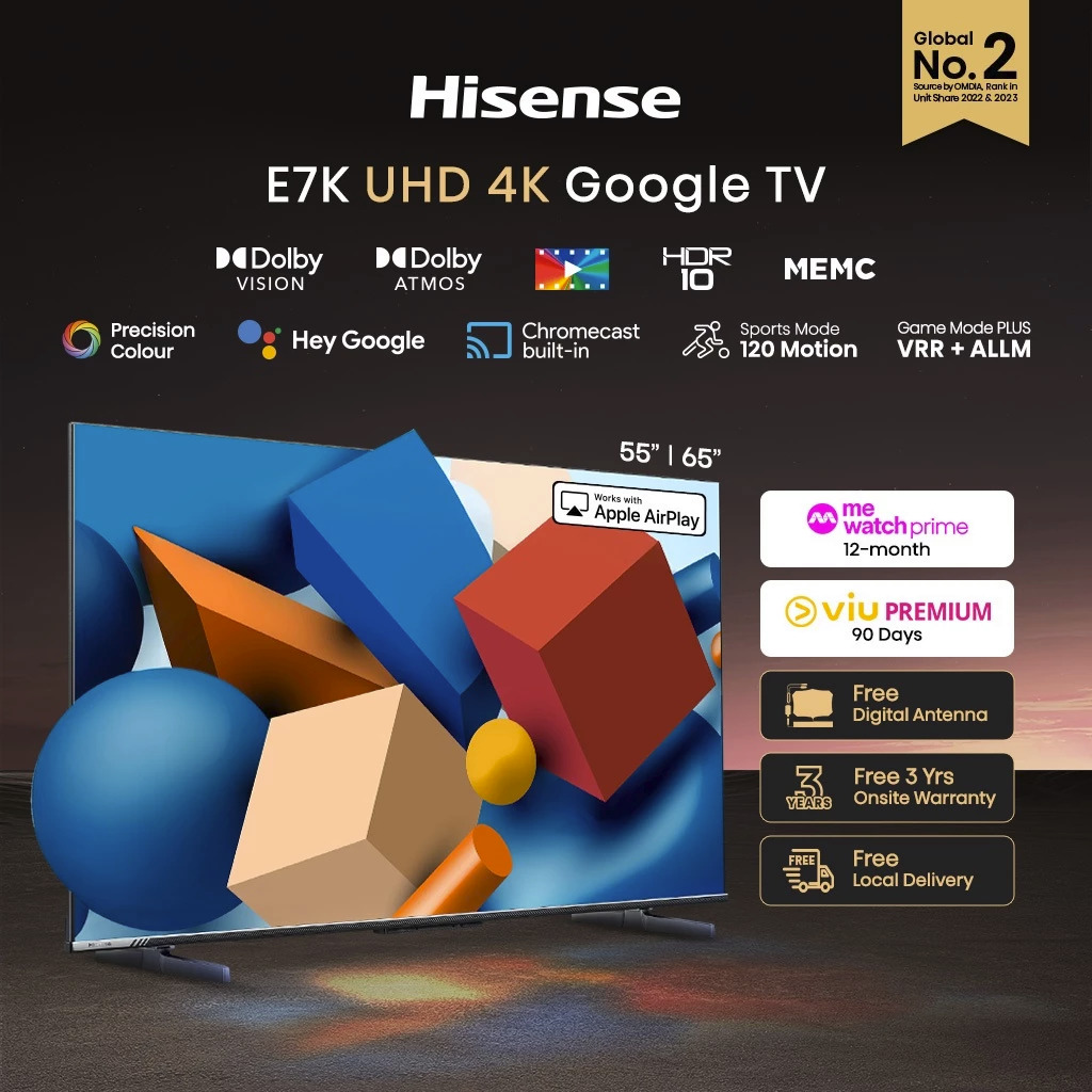 Hisense E7K 43/55/65/75 inch 4K UHD Google TV | Dolby Vision + Atmos | VRR + ALLM | MEMC | Game ...