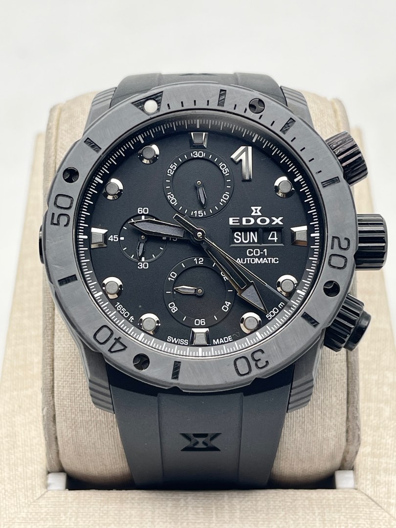 Edox CO-1 0-1125 Carbon Chronograph Black Dial Rubber Strap, Men's ...