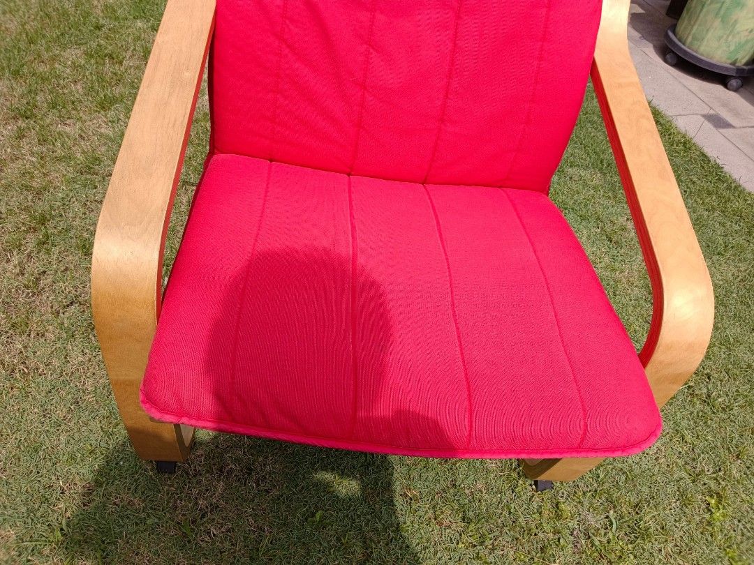 IKEA Poang Armchair with stool, birch veneer/ Red cushion, Furniture ...
