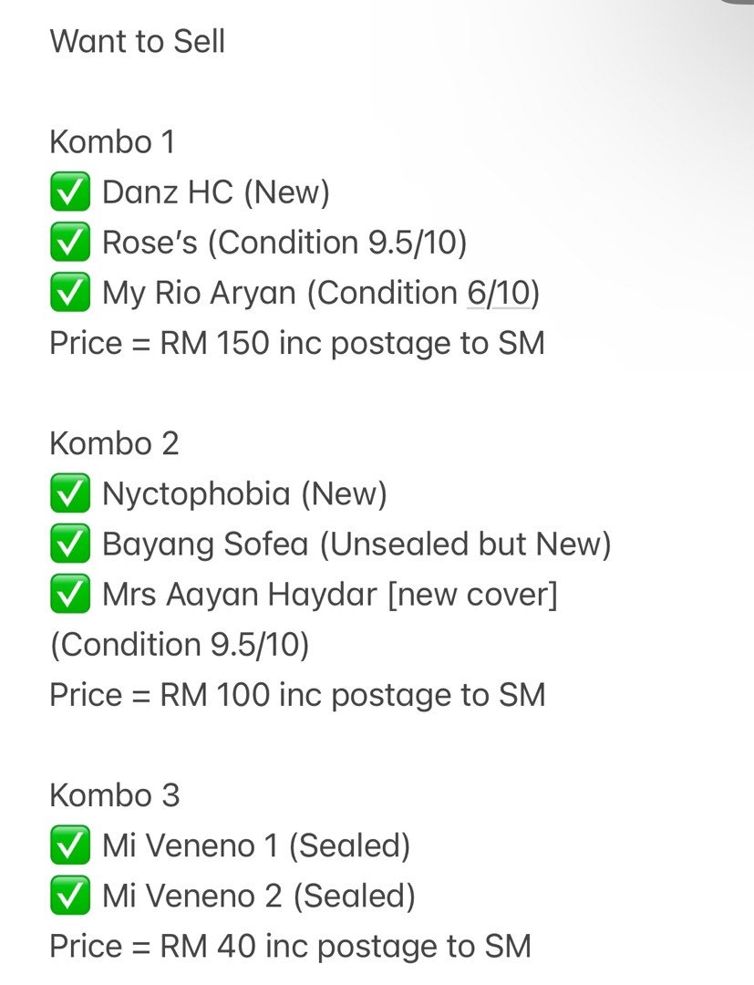 Novel Melayu (Danz, Rose’s, My Rio Aryan, Nyctophobia, Bayang Sofea, Mrs Aayan Haydar, Mi Veneno ...