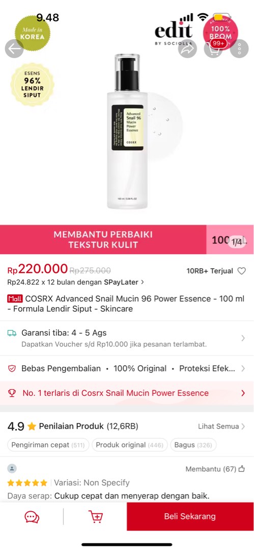Cosrx Advanced Snail 96 Mucin Power Essence, Kesehatan & Kecantikan ...