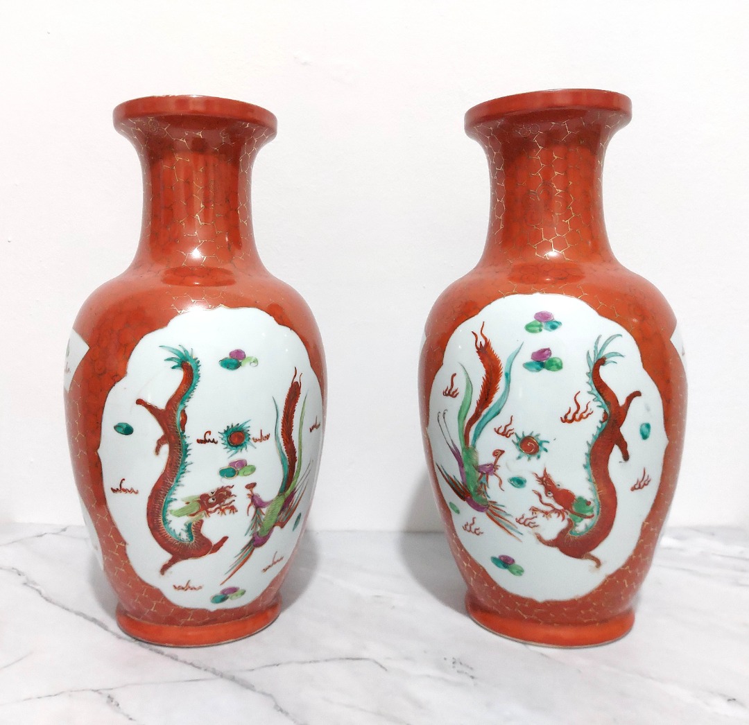 Guci Porselen Kembar Tinggi 36cm Vas Bunga Naga and Phoenix Fenghuang ...