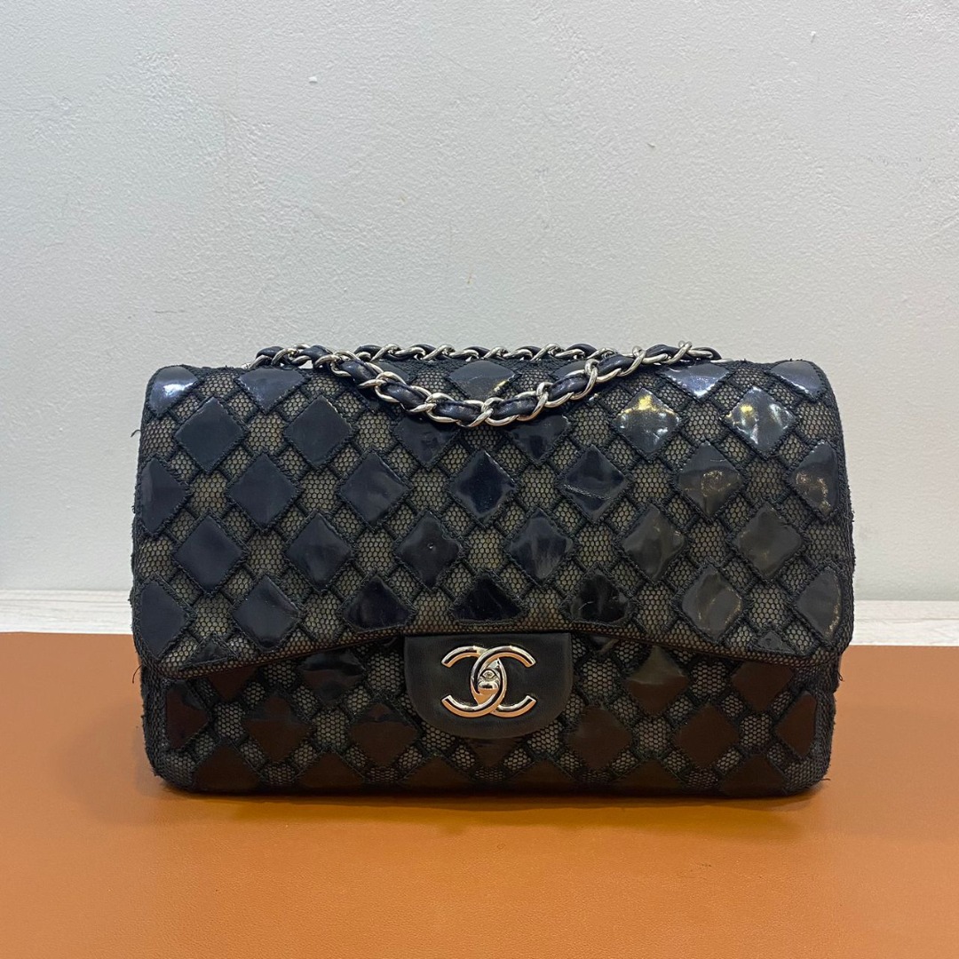 CHANEL CLASSIC FLAP JUMBO BLACK PATENT LACE SHW 14302420 NO CARD ...