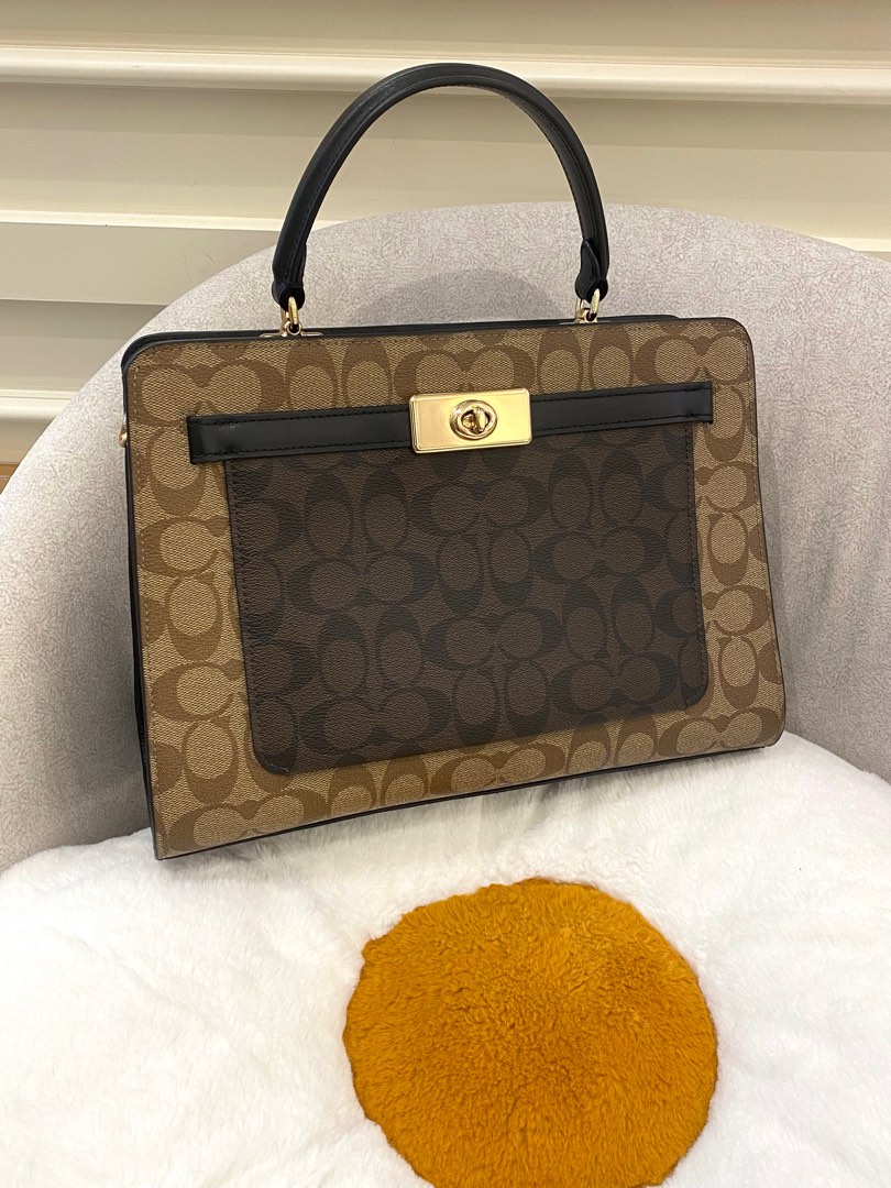 COACH LANE CARRYALL BLOCKED SIGNATURE KHAKI BROWN MULTI WITH LEATHER ...