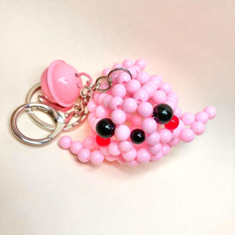 Handmade Bead Craft Pink Pufferfish Keychain with Bell and Lobster Claw ...