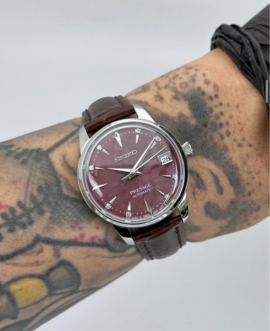 Custom Seiko Mod 33mm Maroon Red Diamond Sakura Presage Automatic Watch ...
