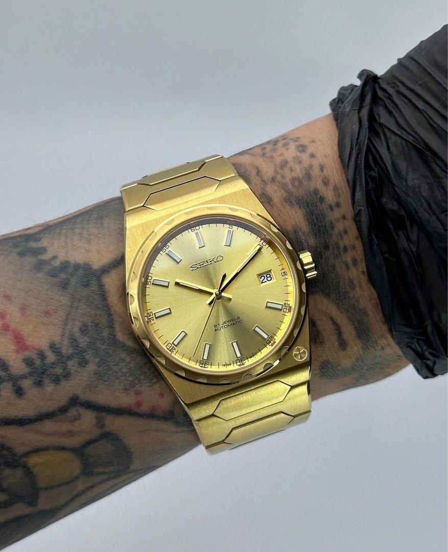 Custom Seiko Mod 37mm Full Gold VC 222 Automatic Watch, Men's Fashion ...