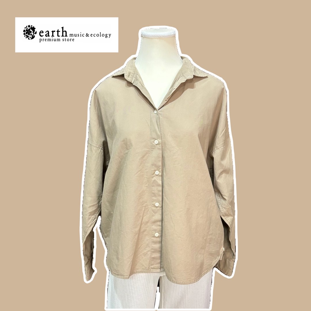 EARTH Full Button Blouse Kemeja Cotton Baggy in Nude Beige, Women's ...