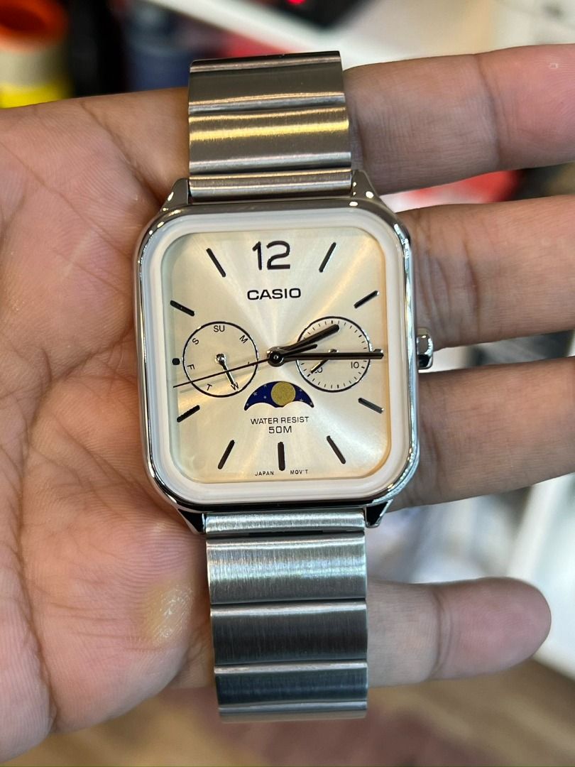 ORIGINAL CASIO Analog Gold Dial Moon Phase Stainless Steel Men's Watch ...