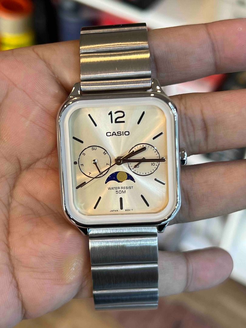 ORIGINAL CASIO Analog Gold Dial Moon Phase Stainless Steel Men's Watch ...