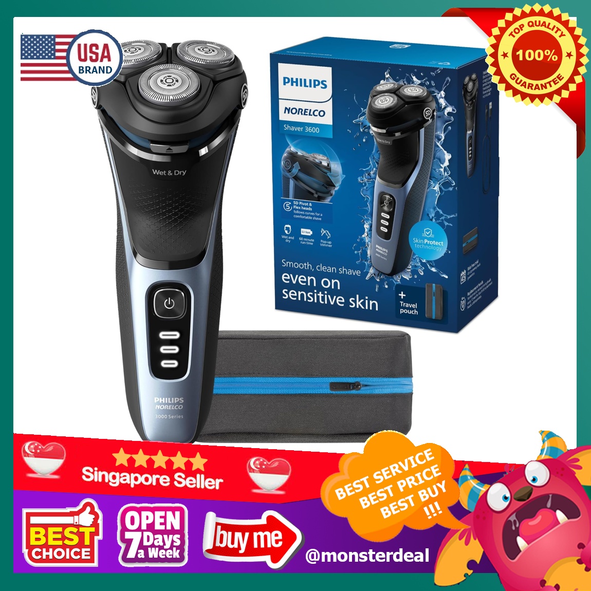 Philips Norelco Shaver 3600, Rechargeable Wet & Dry Electric Shaver ...