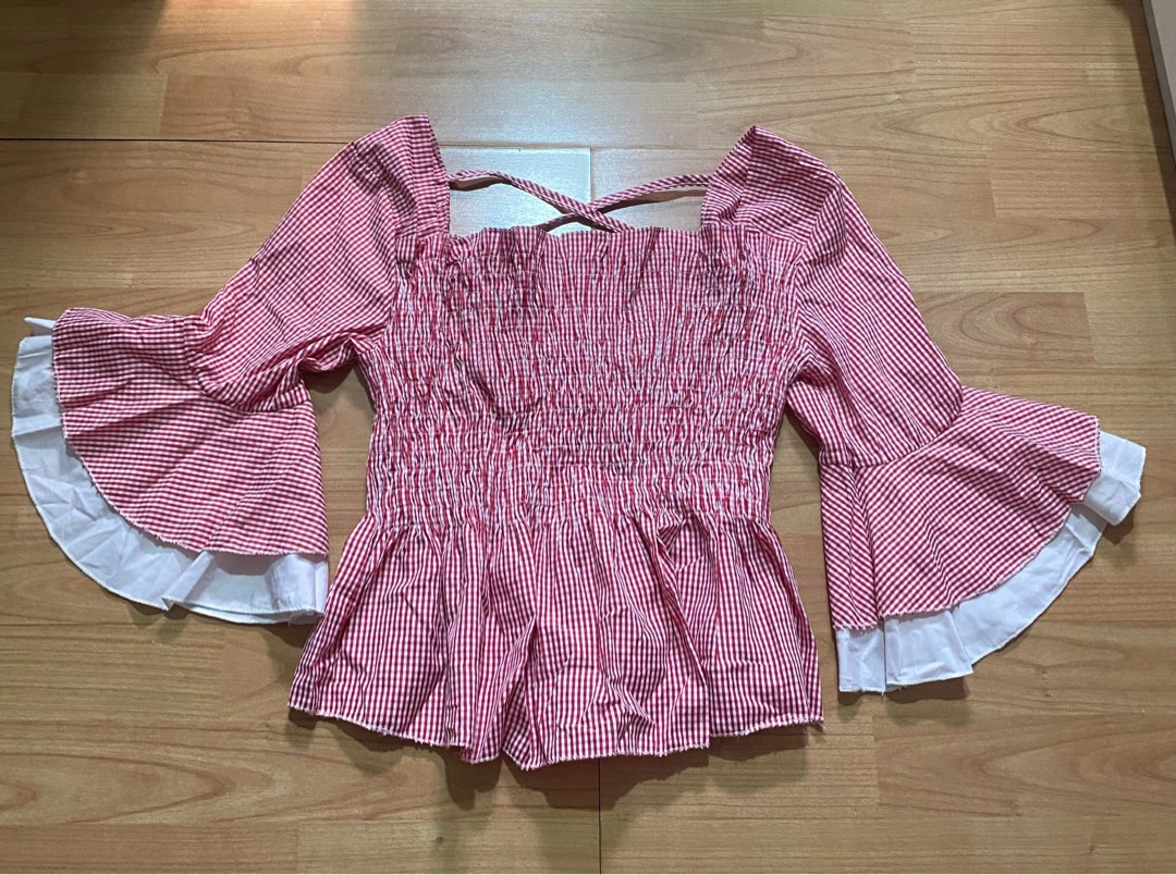Red gingham top, Women's Fashion, Tops, Blouses on Carousell