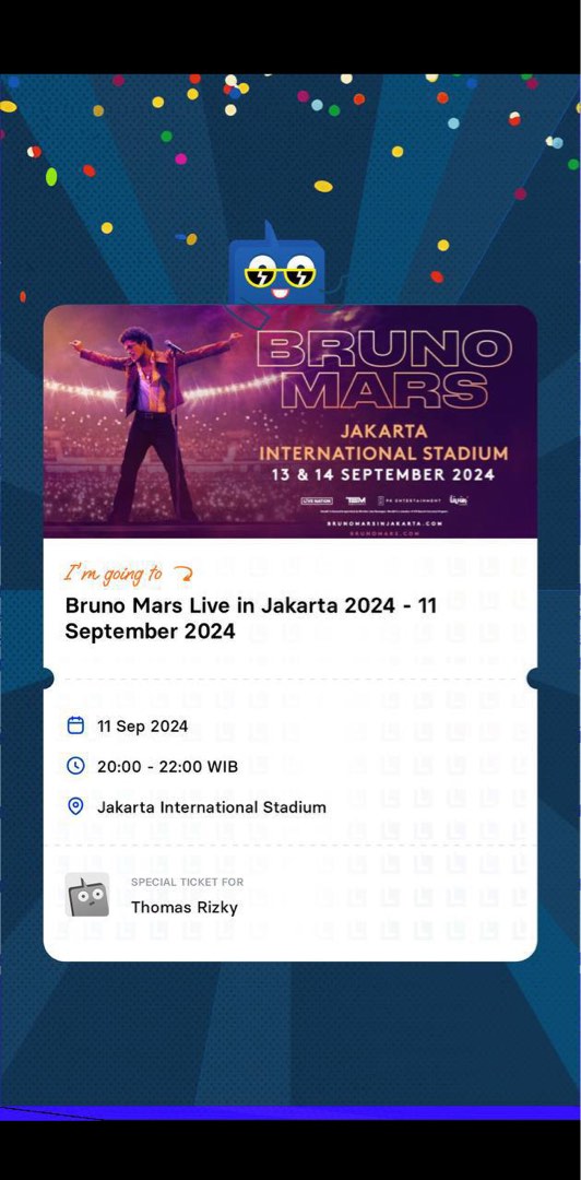 JUAL BU / Tiket Bruno Mars in Jakarta CAT 6B, Komunitas di Carousell