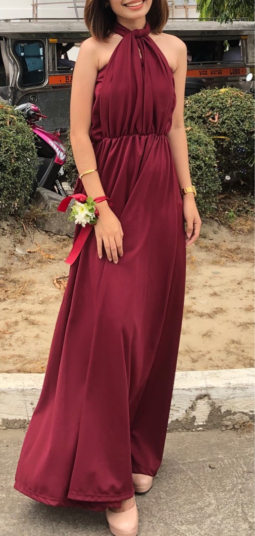 Maroon Bride’s Maid Gown, Women's Fashion, Dresses & Sets, Evening ...