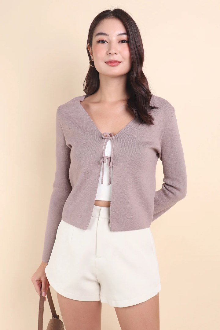 Chella Tie Knot Cardigan in Mocha, Women's Fashion, Coats, Jackets and Outerwear on Carousell