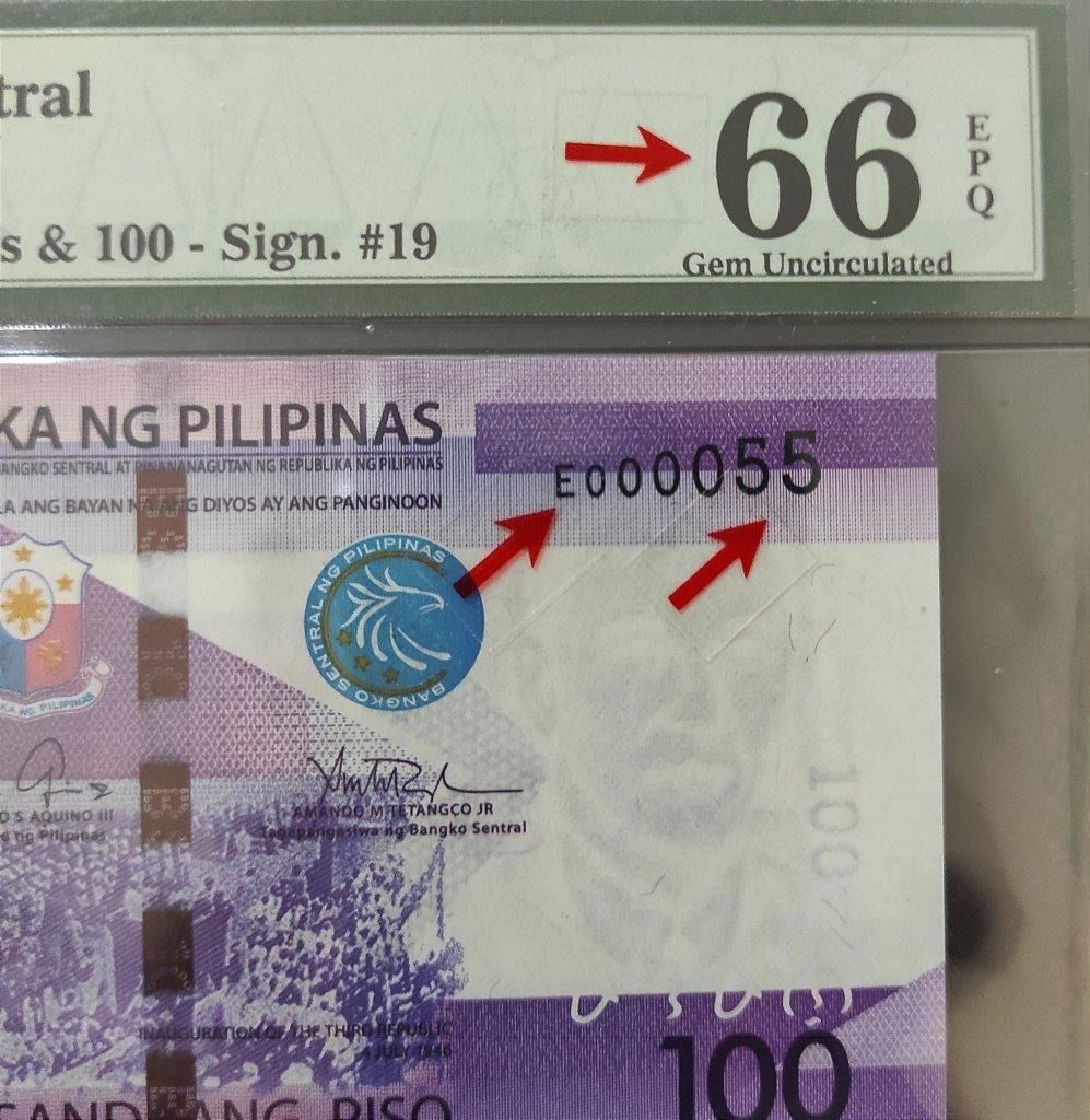 Philippine Banknote 100 Peso (Low Serial Number 55) Graded PMG 66 EPQ ...