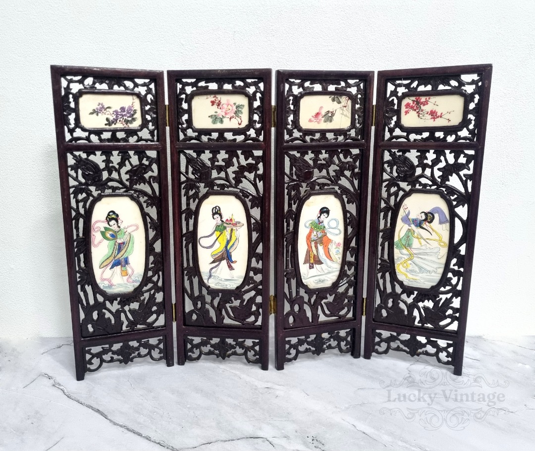 Vintage Antik Sketsel Chinese Lukisan Keramik Ukiran Kayu Dewi-Dewi ...