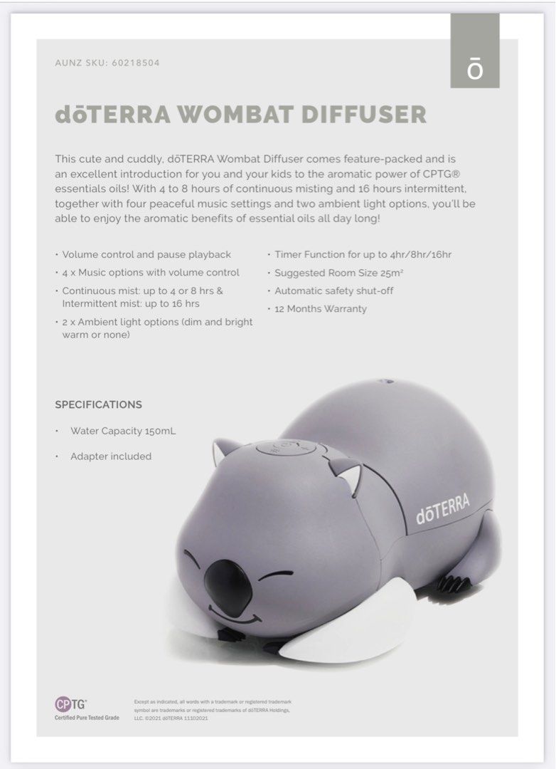 Doterra Wombat Aroma Diffuser (plus 4 fragrance oils), Furniture & Home ...