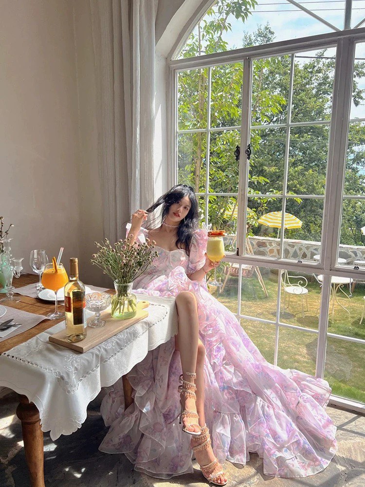 PO purple long floral dress with poofy sleeves and ruffles , super long ...