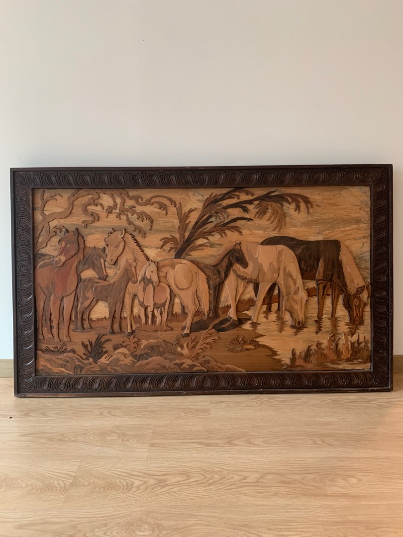 Carved Wooden Inlay Horses Framed Art, Furniture & Home Living, Home ...