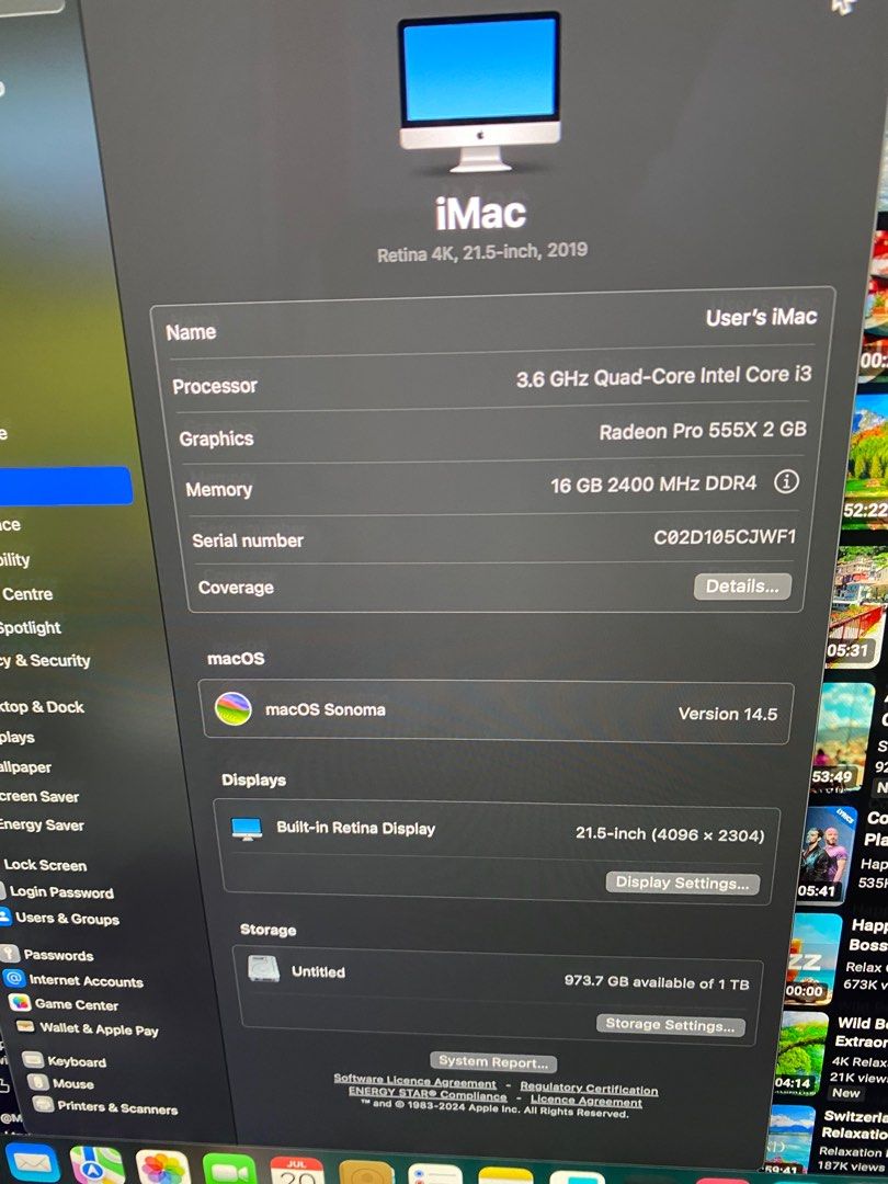 iMac Apple 21.5 inch retina 4k 2019 core i3 3.6ghz 16gb ram 1TB HDD ...
